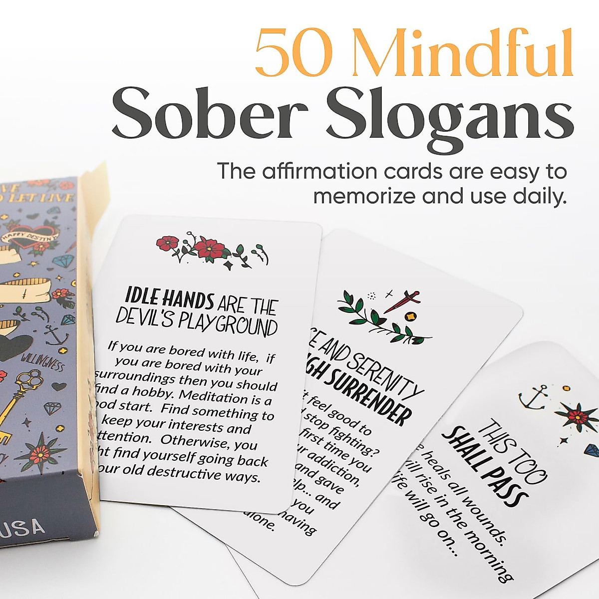 Sober Cards Meditation Cards - Stress Relief Mindfulness Cards for Meditation & Relaxation - Encouragement Cards - Compact Size Sobriety Gifts for Men & Women - 50 Slogans Per Deck