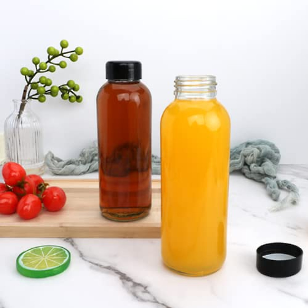 Datttcc 15 Oz Glass Water Bottles,Glass Juicing Bottles With Airtight Black Plastic Caps,Reusable Water Containers for Water,Juicing,Kombucha,Tea,Smoothies(16 Pack)