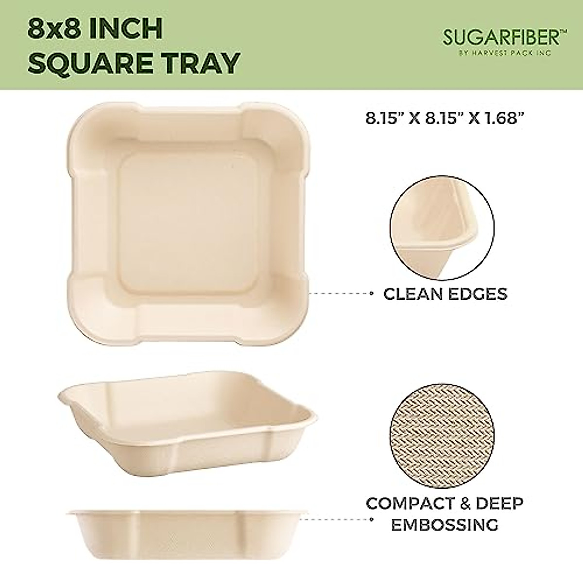 [500 COUNT]Harvest Pack 8" x 8" Compostable Disposable Food Trays, Eco-Friendly Square Serving Container Made From Plant Fibers Meal Prep Takeout Dinnerware Plates Catering