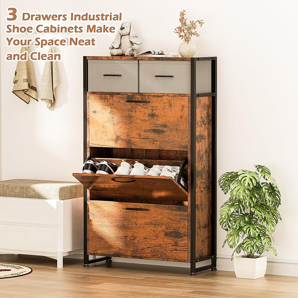 HSSZXFR Narrow Shoe Cabinet for Entryway Slim Shoe Rack Cabinet 3 Drawer Farmhouse Shoe Rack for Closet with Adjustable Shelf, Freestanding Wood Closed Shoe Rack for Home and Apartment