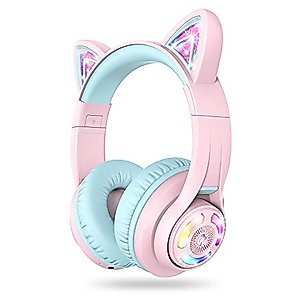 iClever Cat Ear Kids Bluetooth Headphones,LED Light Up On Ear Kids Wireless Headphones with Mic,74/85/94dB Volume Limited,50H Playtime,Bluetooth 5.2,Pink Headphones for iPad/Tablet/PC/Travel,BTH13