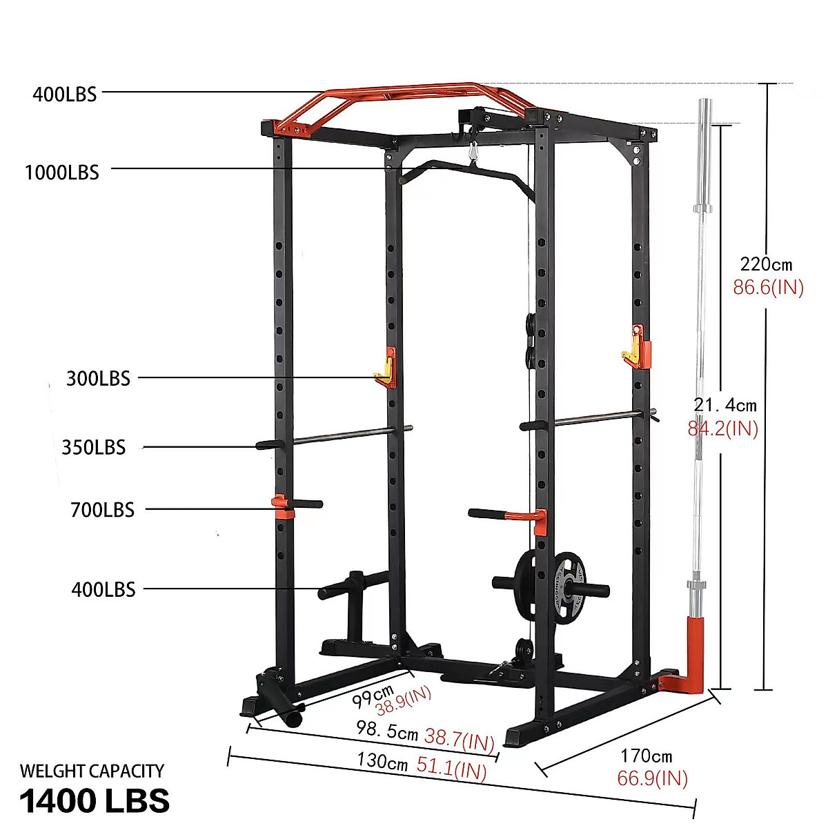 HAUSHECK Power Racks for Home Gym, Adjustable Squat Rαck with Pull Up Bar, J-Hooks, Dip Handles, 1400lbs Multi-Function Powēr Cage with Training Attachment, Orange
