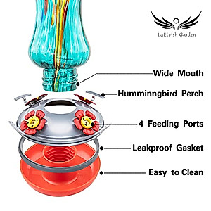 LaElvish Garden Hummingbird Feeders for Outdoors, 28OZ Hand Blown Glass Hummingbird Feeder Outside Hanging with Ant Moat,Balcony Backyard Gardening Gifts Outdoor Decor (Blue Phoenix)