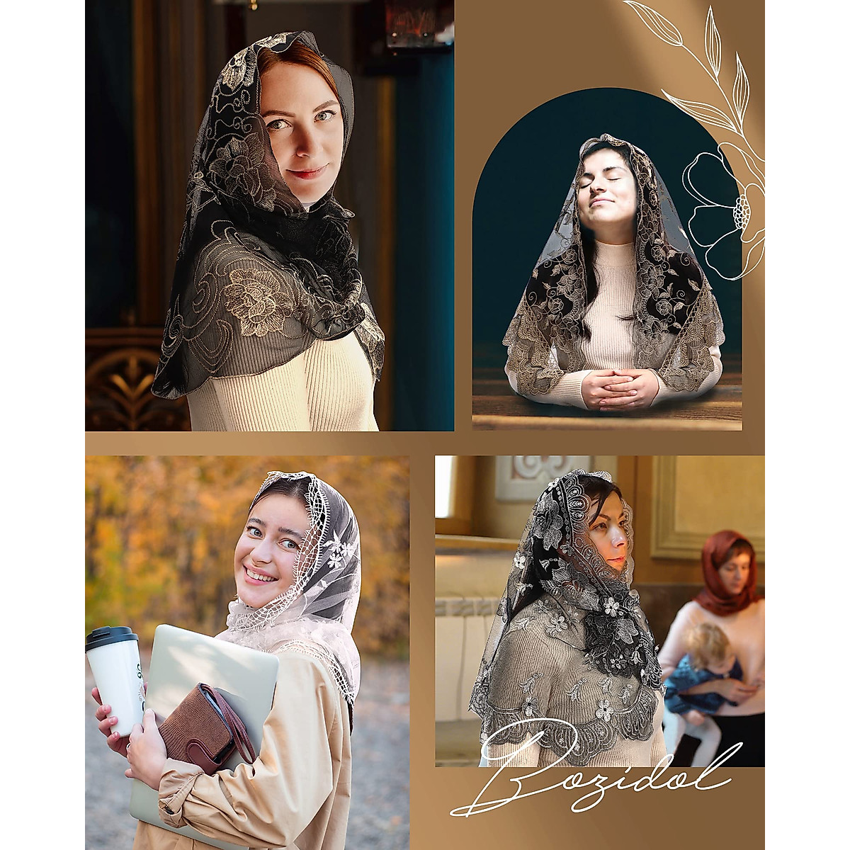 Bozidol Catholic Chapel Mantilla Veil Floral Embroidery Spanish Lace Scarf Church Mass Veil for Women (Sliver Black)