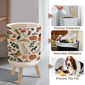 hgsschrek Small Trash Can with Lid Seamless Natural Pattern Forest Mushrooms Insects Drawn 1.8 Gallon/7L Garbage Can Waste Bin with Pop-Up Lid Wood Legs Wastebasket for Bathroom Kitchen Bedroom