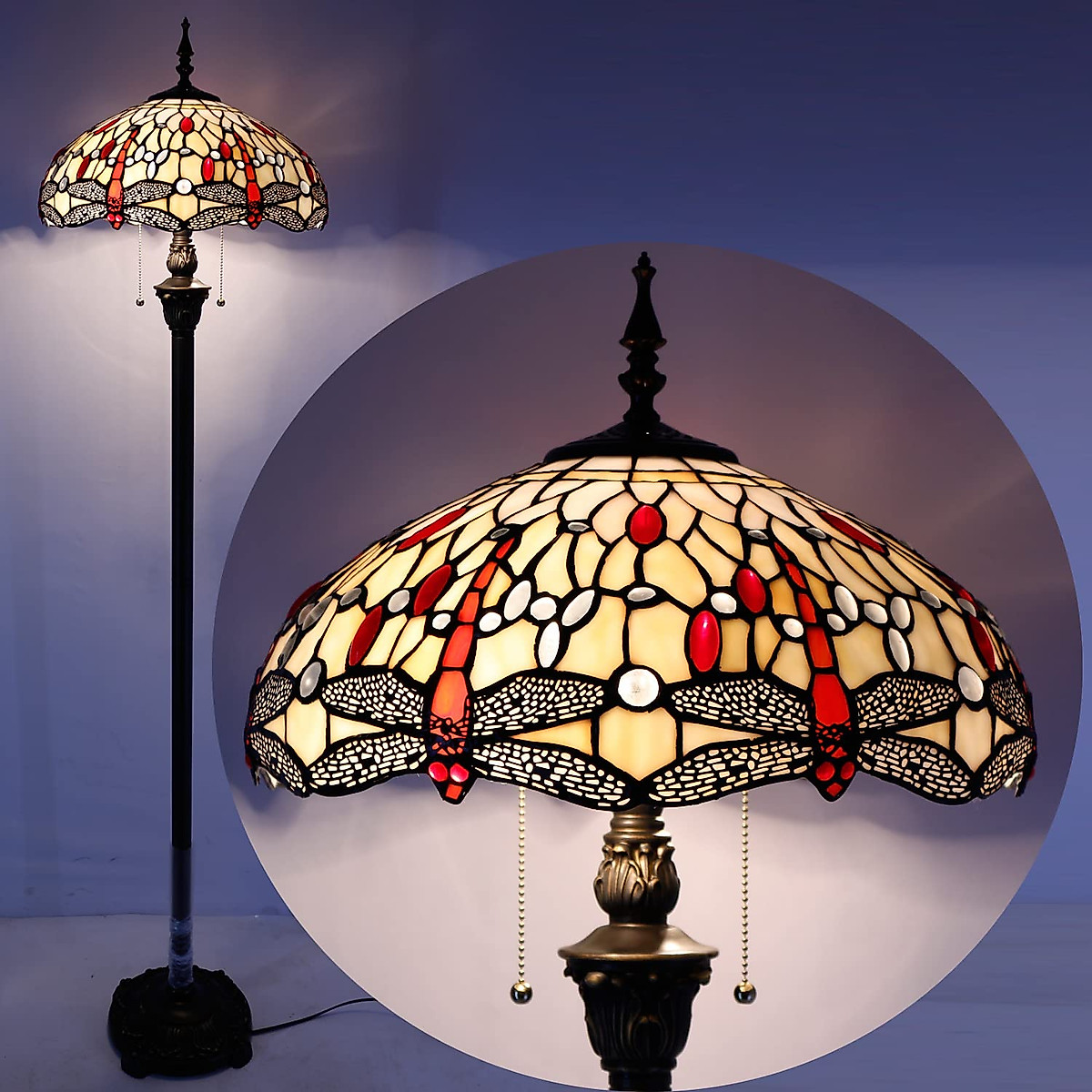 WERFACTORY Tiffany Floor Lamp Dragonfly Amber Stained Glass Standing Reading Light 16X16X64 Inches Antique Pole Corner Lamp Decor Bedroom Living Room Home Office S557 Series