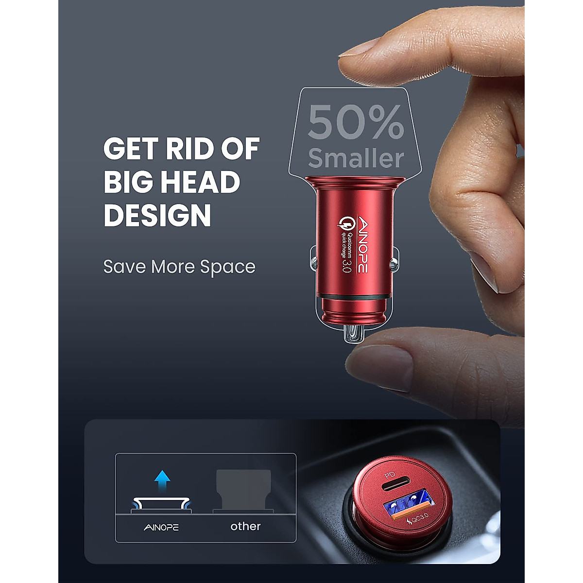 AINOPE USB C Car Charger 67.5W, Red Car Accessories Car Charger USB C for iPhone, Super Mini All Metal Fast Charging Car Charger PD&QC 3.0 Dual Port Car Adapter Fits iPhone 15 Pro Max 14 13 12 11, Red