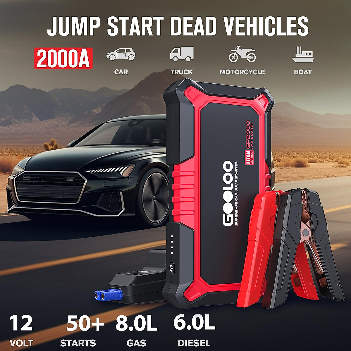 GOOLOO New GP2000 Jump Starter, 12V 2000A Car Jumper Starter(Up to 8.0L Gas, 6.0L Diesel Engines), SuperSafe Portable Battery Charger, Auto Lithium Box Booster Pack with USB Quick Charge, red