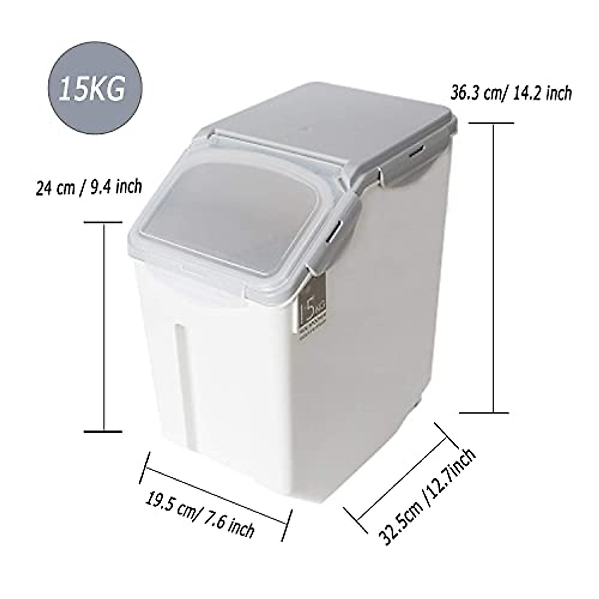 Grain Rice Storage Bin Food Containers Set Leak Proof Locking Lid, Large Storage Boxes Plastic Cereal Pet Food 15kg(18L), Grey,2packs