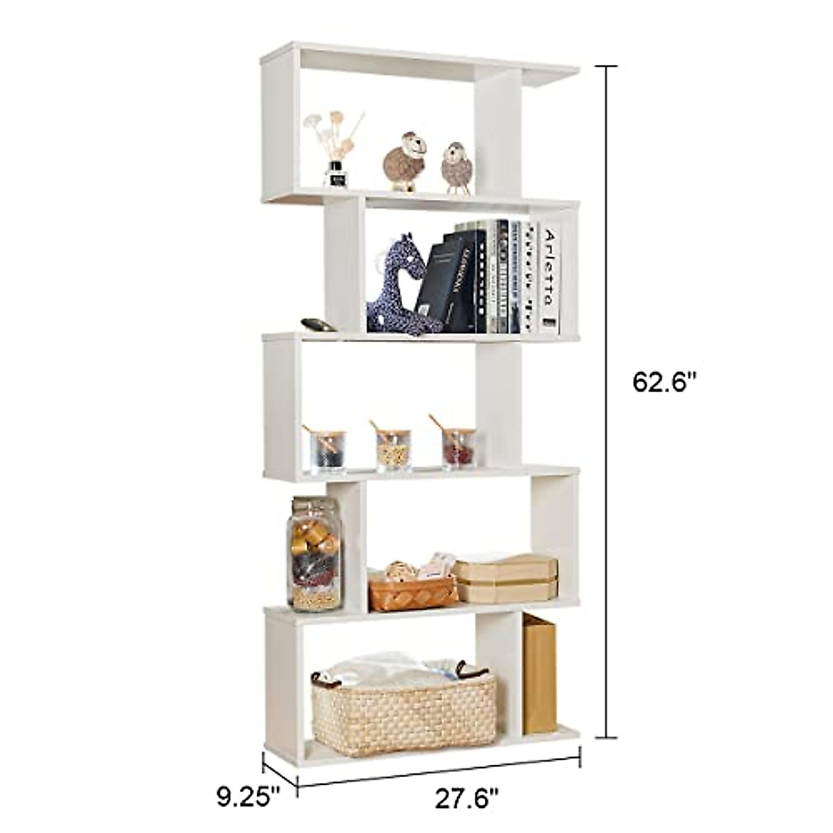 TinyTimes 5-Tier Wooden Bookcase, S-Shape Display Shelf and Room Divider, Freestanding Decorative Storage Shelving, 63'' Tall Bookshelf -White
