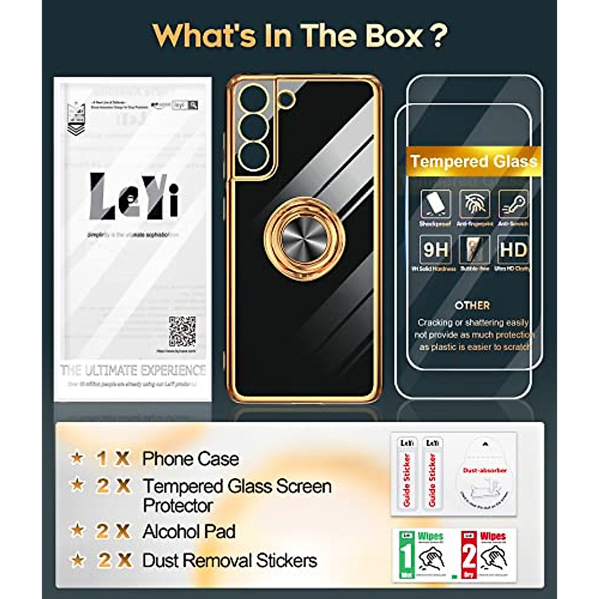 LeYi for Samsung Galaxy S21 FE 5G Case: with Tempered Glass Screen Protector [2 Pack] 360° Rotatable Ring Holder Magnetic Kickstand, Plating Rose Gold Edge Protective Case, Black