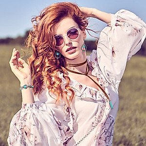 Subiceto Western Jewelry for Women Bohemian Turquoise Boho Turquoise Pendant Long Choker Vintage Turquoise Dangle Earrings Turquoise Faux Leather Layered Bracelets Western Jewelry Set