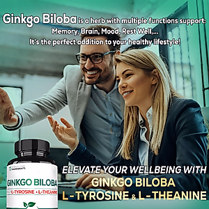 1000mg Ginkgo Biloba Supplements with L-Tyrosine, L-Theanine - 120 Capsules for 2-Month Supply - Support Focus, Mermory Function, Brain Health & Vision Quality