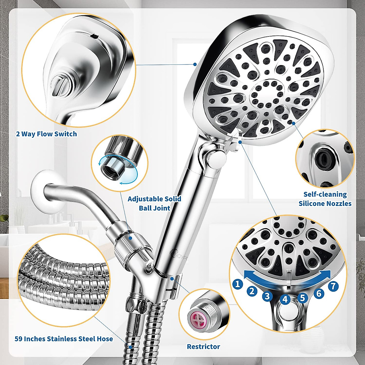 BQYPOWER High Pressure Shower Head with Handheld, 10-mode Handheld Shower Head, Detachable Showerhead Built-in Power Wash to Clean Tub, Tile & Pets, 5Ft Stainless Steel Hose and Adjustable Bracket