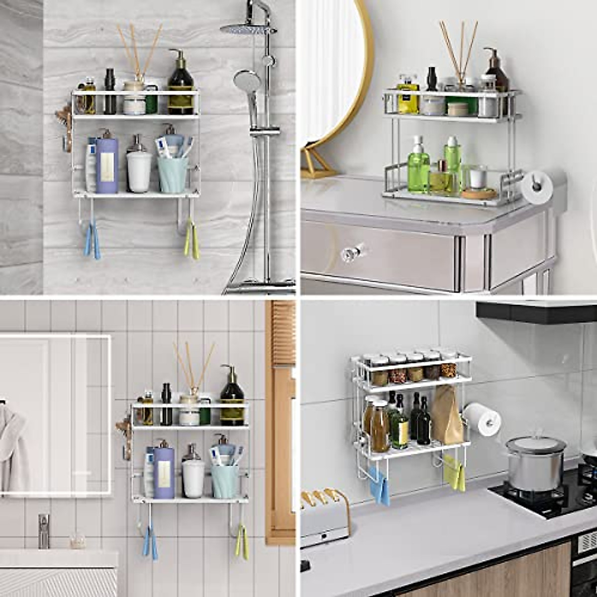 FLOLXNB Over The Toilet Storage Shelf, 2-Tier Bathroom Storage Organizer Upgrade Punch-Free Toliet Storage Shelf, Home Storage Rack with Hooks Shelf,White