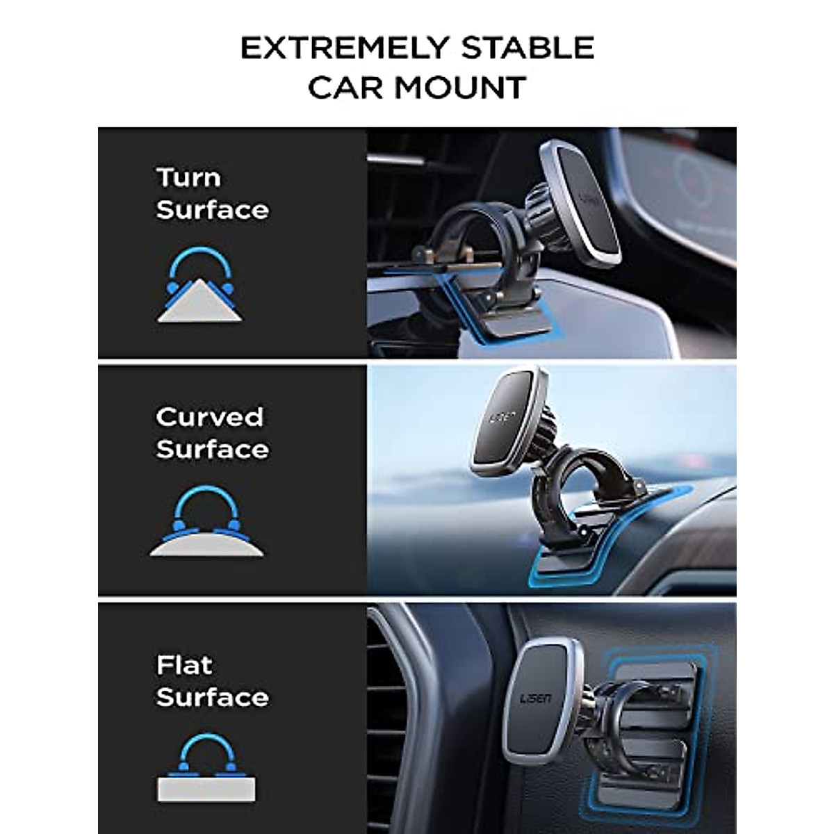 LISEN Magnetic Phone Holder for Car Fit Curved Surfaces Car Phone Holder Mount Flexible & Stable Dashboard Magnetic Phone Car Mount with 3 Metal Plates Fit All iPhone 14/13/12/11,Pro,Pro Max,Android