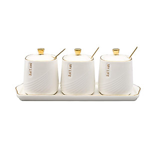 3pcs per Set Ceramic Condiment Pots with Tray, Seasoning Box Condiment Pots, Ceramic Sugar Bowl with Lids and Spoons, Container Spice Jar Salt Cellar for Kitchen (White)
