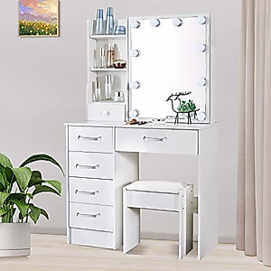 Makeup Vanity Desk with Lights and Mirror, Vanity Desk Set with Drawers and Stool, Adjustable 3 Color Lighting Modes for Mother, Daughter