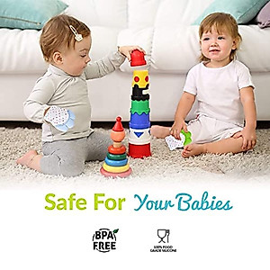 Liname 2 Pack Teething Mitten with Soothing Toy - Baby Chew Toy and Teething Glove- Infant Teething Mitten Crinkle Sound and Textured Silicone to Soothe Sore and Swollen Gums