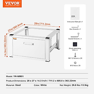 VEVOR YN-WM01 Laundry Pedestal Washer and Dryer Stand Platform Universal Fit 660lbs Capacity, Heavy Duty Multi-Functional Base for Washing Machine with Drawer & Rich Accessories, White