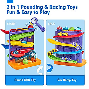 Toddler Toys for 1 Year Old Boy Gifts 2 in 1 Pound Balls Toy & Car Ramp Race Track Learning Active Early Developmental Montessori Toys for 1 Year Old Birthday Gifts for 1 2 3 Year Old Boy Girl
