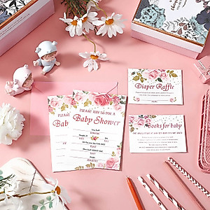 Marspark Set of 25 Pink Floral Baby Shower Invitations, Diaper Raffle Tickets and Baby Shower Invitation Cards with Envelope, Baby Shower Party Supplies for Sweet Girl