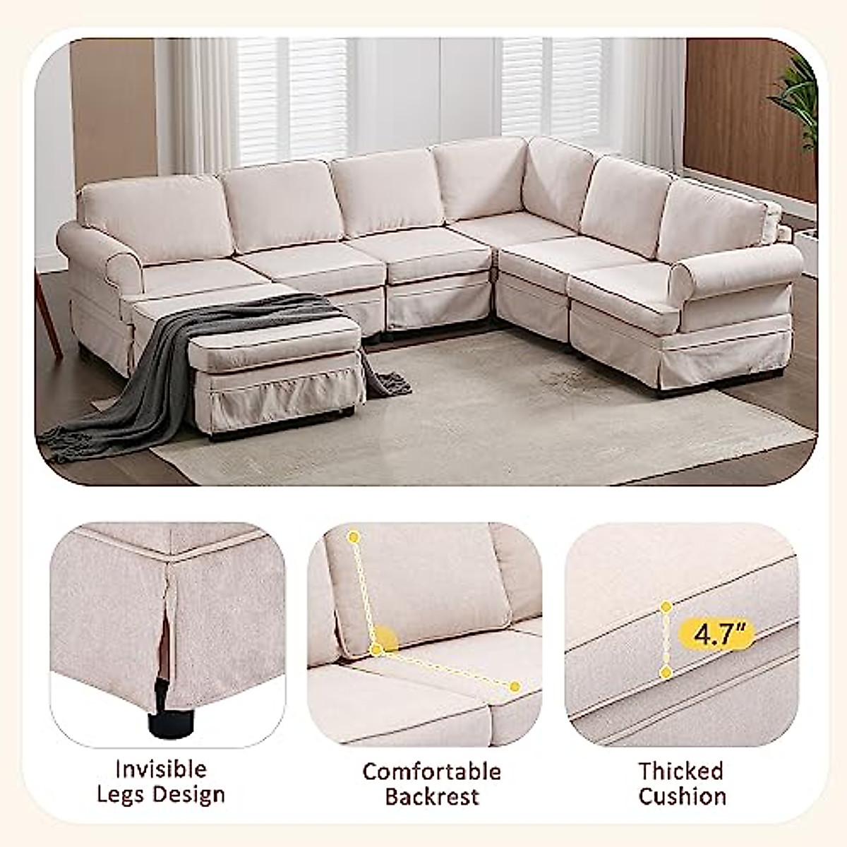 Merax 108.6" Fabric Upholstered Sectional Sofa,Modular Customizable Couch with Removable Ottoman for Living Room,Linen L U Shaped, Beige