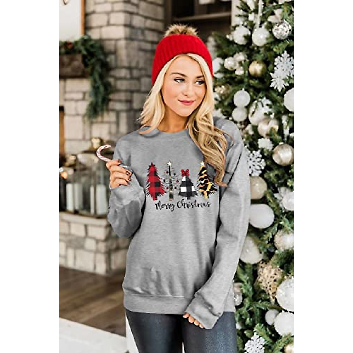 KIDDAD Merry Christmas Sweatshirt for Women Long Sleeve Drop Shoulder Ugly Christmas Tree Pullover Lightweight Shirt Top… Grey