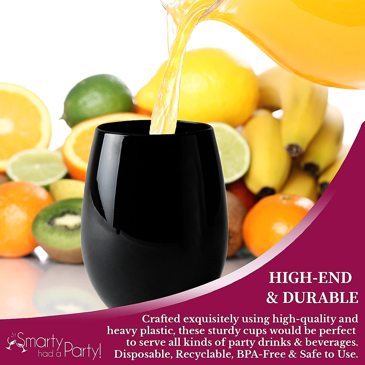 Smarty Had A Party Plastic Wine Tumbler, Wine Glasses 12 oz Stemless Wine Glass, Black Glass Cups, Black Glassware for Wedding, Black Drinking Glasses, 64 pcs (Black Cups)