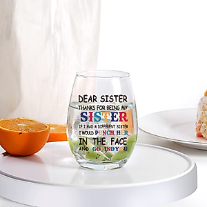 Jogskeor Thanks for Being My Sister Stemless Wine Glass 15oz, Sister Gift Friend Gifts for Birthday, Valentines, Christmas