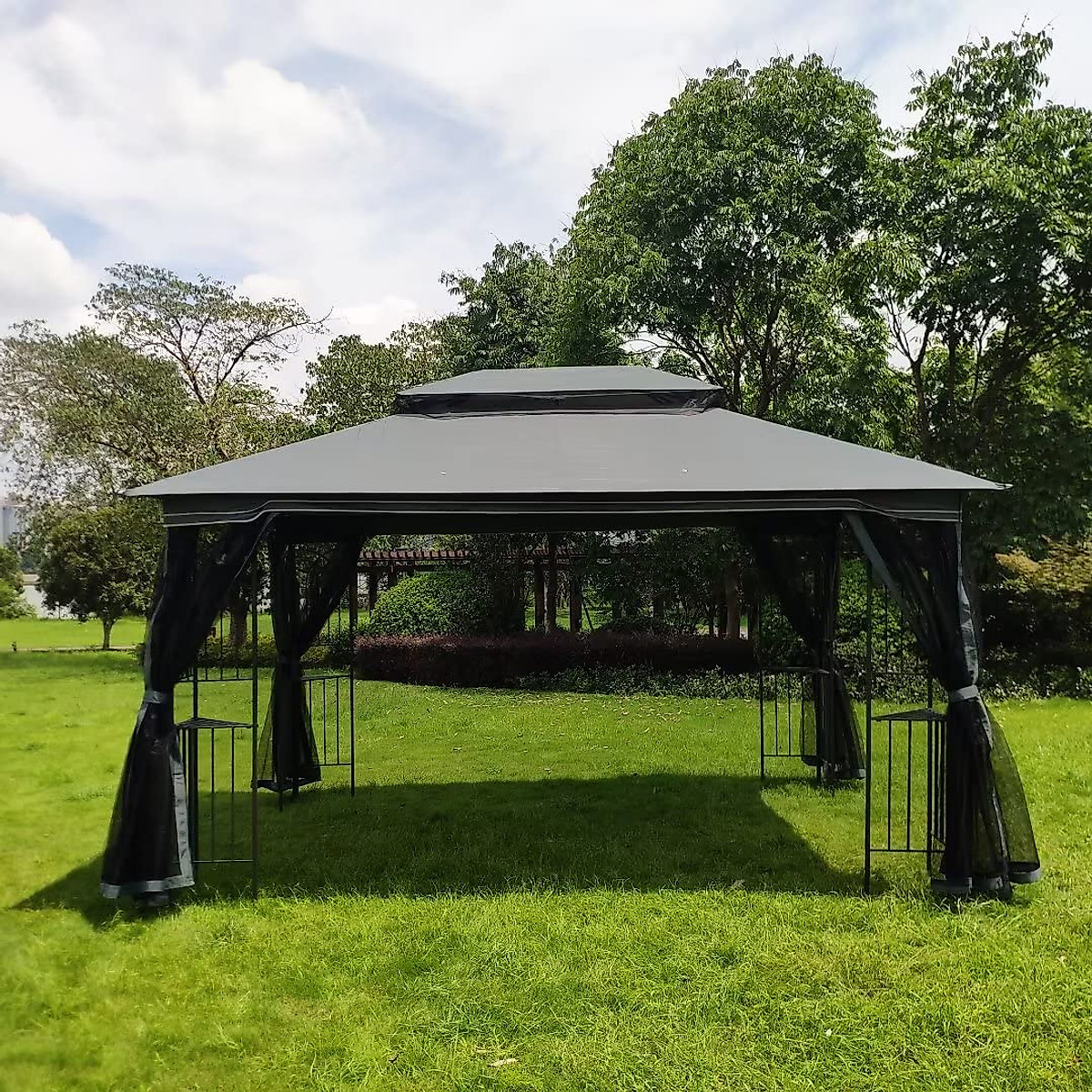 JINS&VICO 13x10 ft Gazebo Double Roof Canopy with Netting and Shaded Curtains, Outdoor Gazebo 2-Tier Hardtop Galvanized Iron Aluminum Frame Garden Tent for Patio, Backyard, Deck and Lawns, Gray