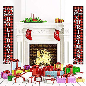 Unves Christmas Porch Sign, Red Black Buffalo Plaid Happy Holidays & Merry Christmas Banners Hanging Christmas Decorations for Home Yard Indoor Outdoor Front Door Wall