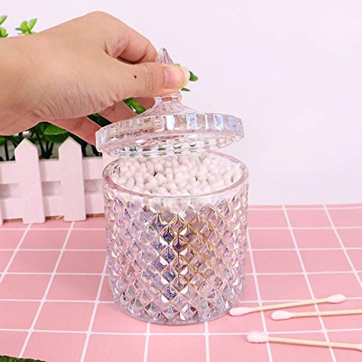 CLOVERHOME Qtips Holder Dispenser Bathroom Counter Vanity Organizer for Cotton Ball, Cotton Swab, Cotton Rounds Bath Salts Jewelry Storage Container for Decoration, Weddings, Candy(Sparkling, 20 oz)