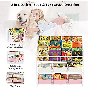 Large Kids Bookshelf With 6 Storage Box,5 Tier Metal Kids Bookcases Children's Toy Storage Rack, 6 Storage Drawer for Books Toys storage, Book Unit Storage Shelf for Playroom, Bedroom, Study Room.