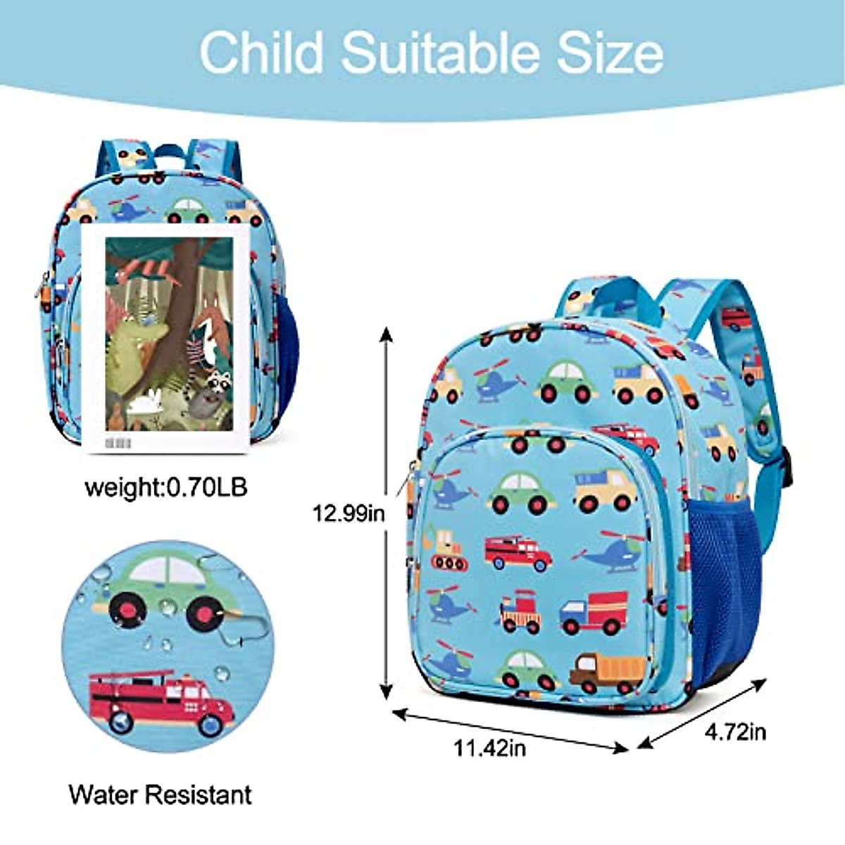 CLUCI Toddler Backpack for Boys Girls Kids Backpack Preschool Kindergarten Child Bookbag Travle Cute Blue Car Daycare Backpack
