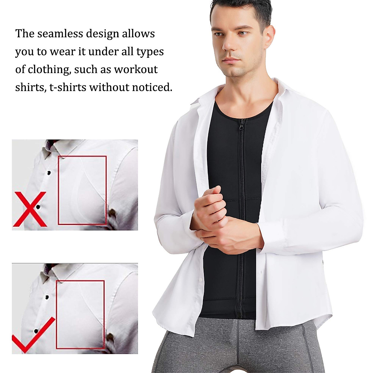 Eleady Men's Compression Shirt Undershirt Slimming Body Shaper Athletic Workout Shirts Tank Top Sport Vest with Zipper (Black, Large)