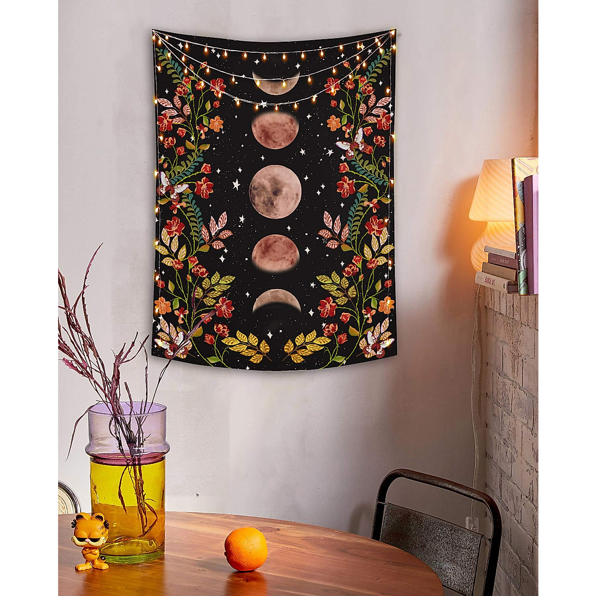 Lifeel Moonlit Garden Tapestry, Moon Phase Surrounded by Vines and Flowers Black Wall Decor Tapestry 36×48 inches
