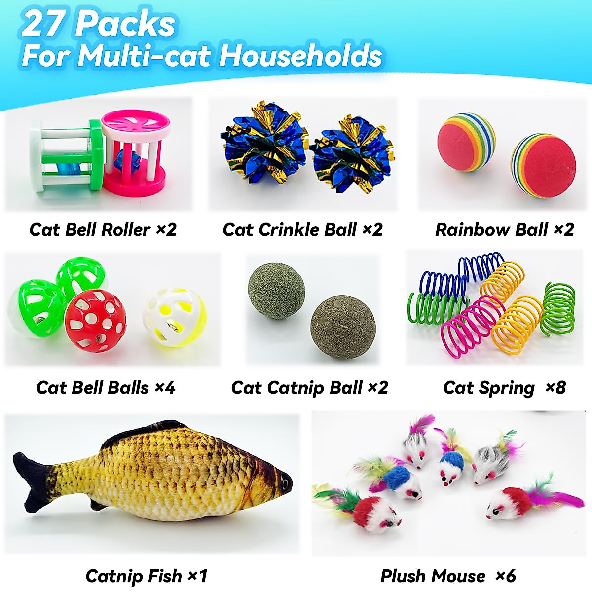QUVOVID Cat Toys 27 Packs Combo Set, Cat Catnip Fish and Ball Toy, Cat Bell Balls Crinkle Balls, Cat Spring Toys, Plush Mices Attract Cats to Swat, Bite, Hunt, Interactive Toys