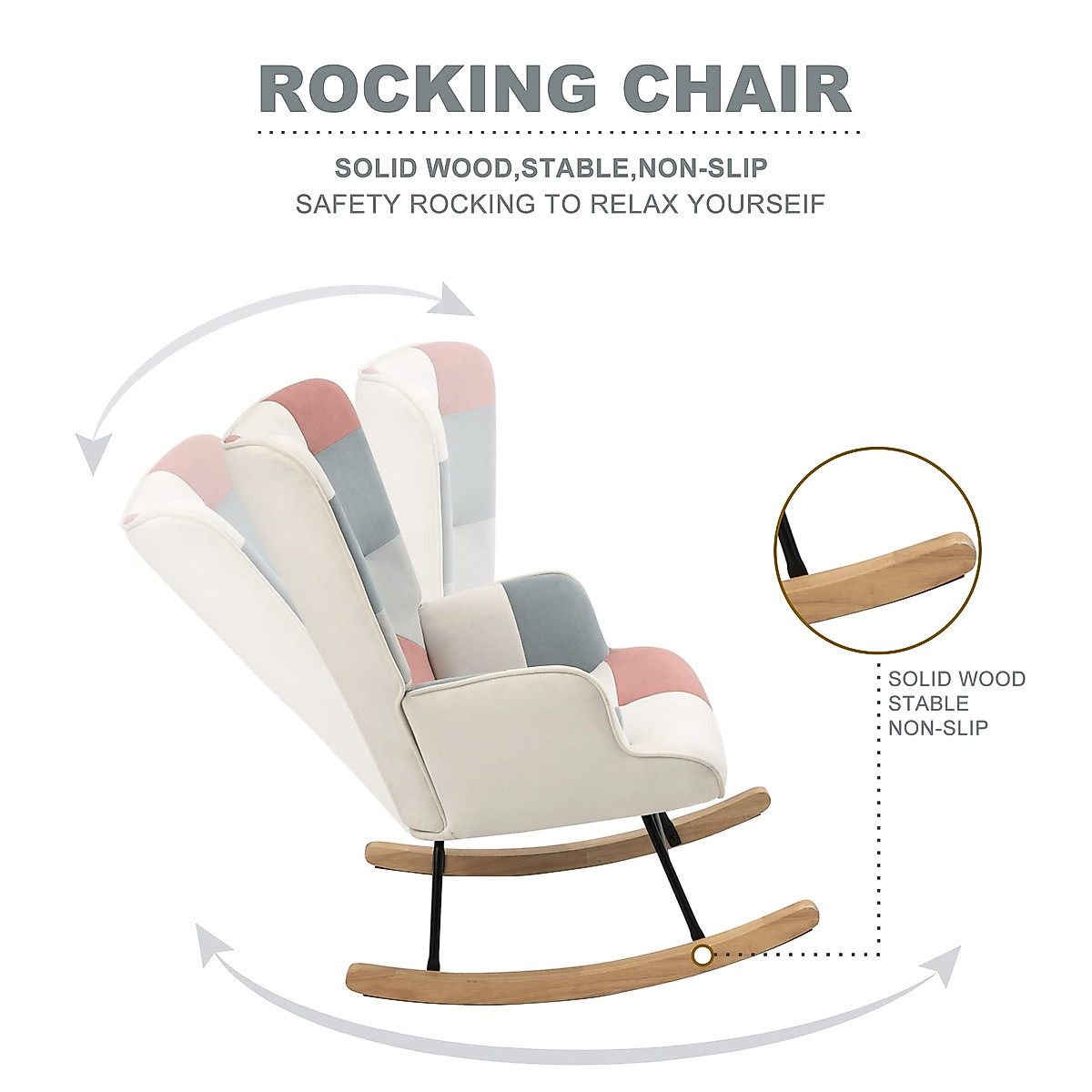 KGOPK Accent Rocking Chair, Mid Century Fabric Rocker Recliner Chairs with Wood Legs and Patchwork Linen for Livingroom Bedroom, Pink