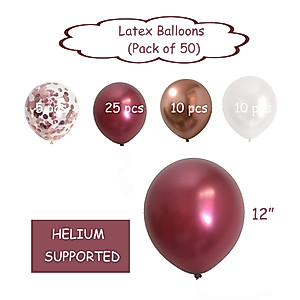 Chrome Rose Gold Burgundy Balloons - 50Pieces White Metallic Rose-Gold Dark Red Balloons for Birthday Women Wedding Bridal Shower Anniversary Party Decorations
