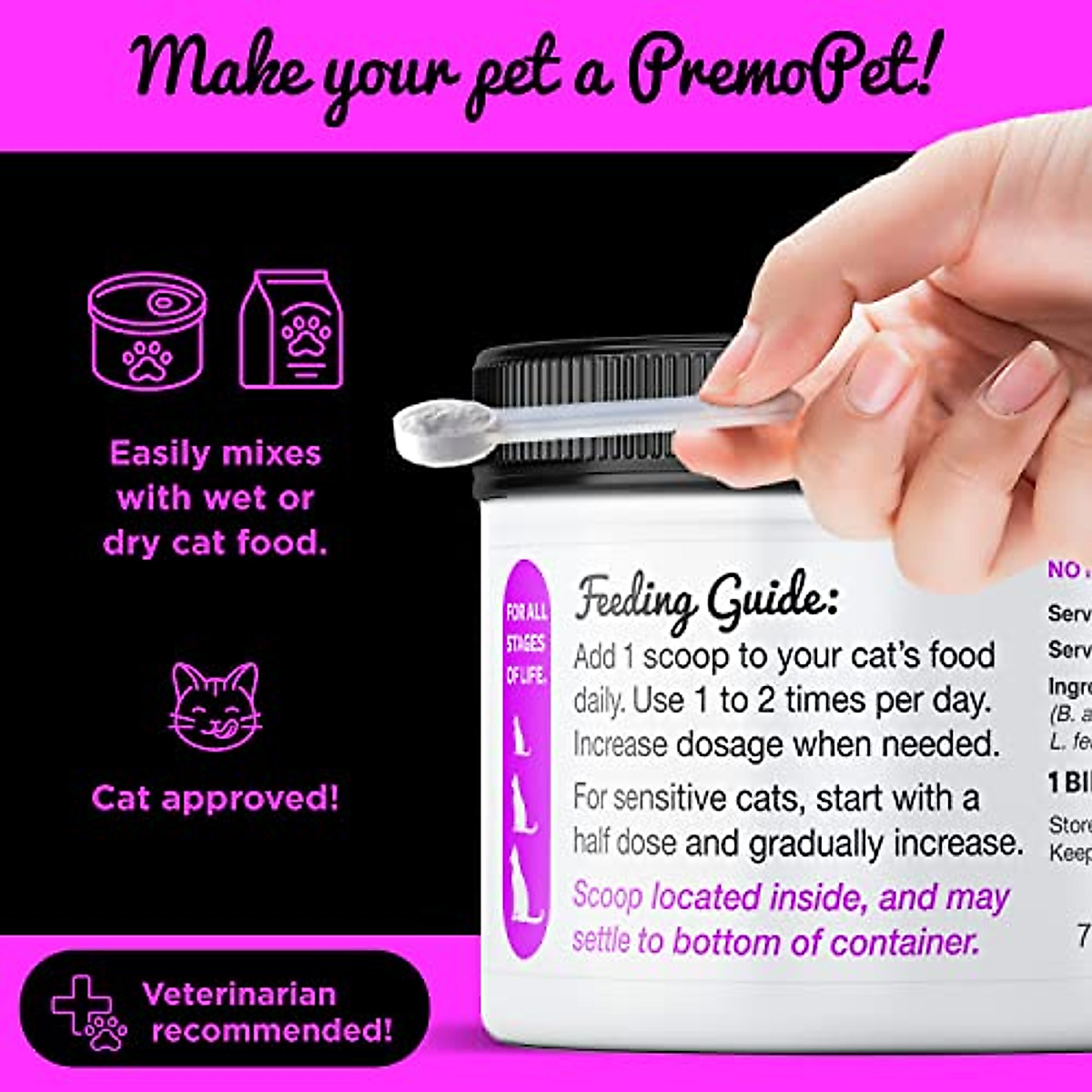 PROBIOTIC for Cats – 120 Servings - Premo Pet – Digestive Aid Plus Prebiotics - Best for Diarrhea, Vomiting, Gas, Skin Conditions – Tasteless – Wheat & Dairy Free – GMP – Vet Approved