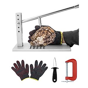 QWORK Oyster Shucker Machine Set - Oyster Shucker Tool, Adjustable Stainless Steel Oyster Opener Tool with Aluminum Alloy Base, Suction Cups, G-Clip, Knives, and Cut-Resistant Gloves