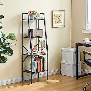 Hoctieon Ladder Shelf Bookcase, 4-Tier Ladder Bookshelf, Tall Bookshelf with Metal Frame, Industrial Bookshelf Ladder, for Living Room, Kitchen, Home Office, Bedroom, Simple Assembly, Black
