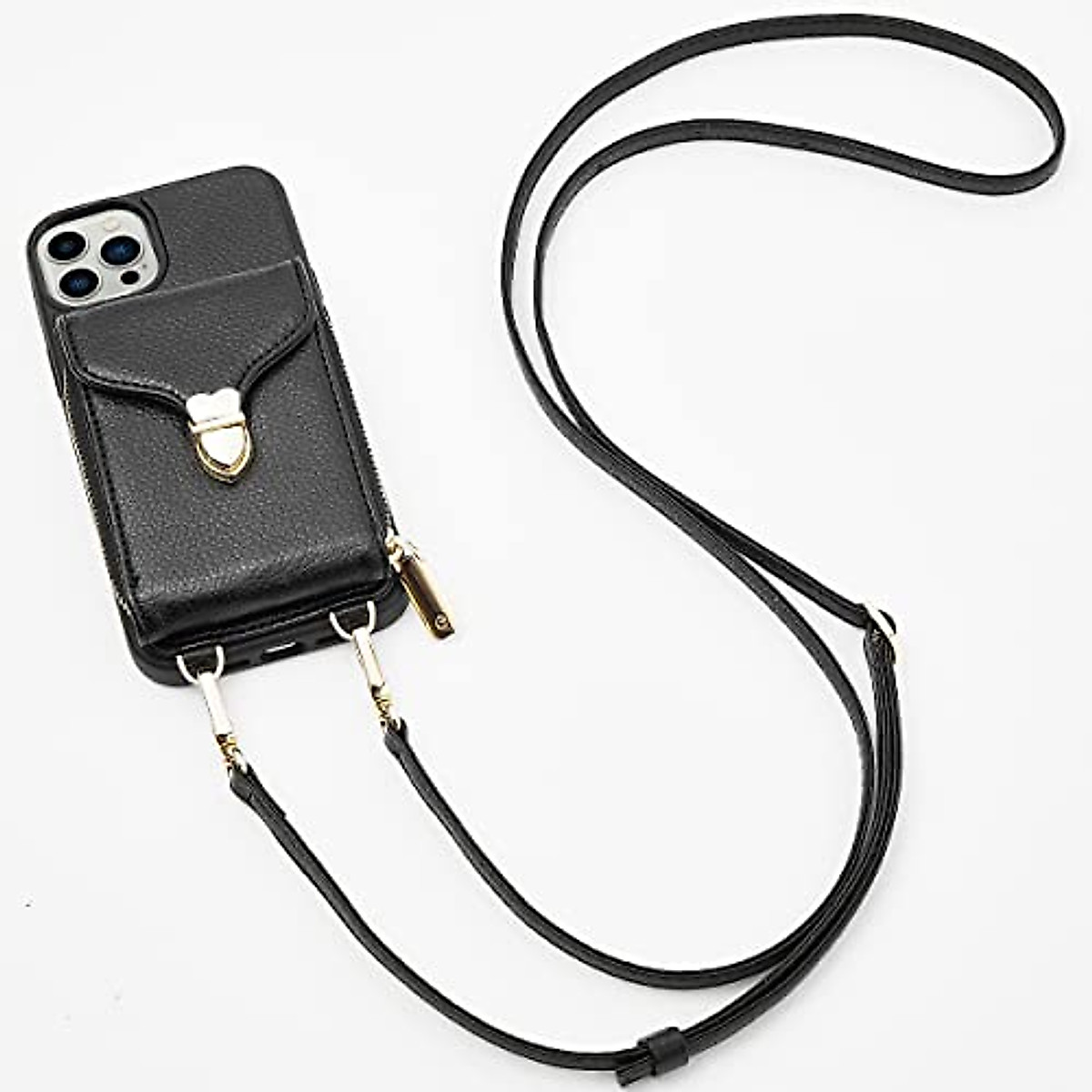 JLFCH ROMIELA Series iPhone 14 Pro Wallet Case, Crossbody Chain Strap Case Zipper Leather Purse RFID Blocking with Card Holder Lanyard Women Protective for Apple iPhone 14 Pro, 6.1 inch - Black