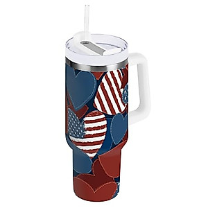 MCHIVER American Flag Heart 40 oz Tumbler with Handle and Straw Stainless Steel Vacuum Water Bottle Leak-proof Travel Coffee Mug Insulated Tumbler for Office Home Car