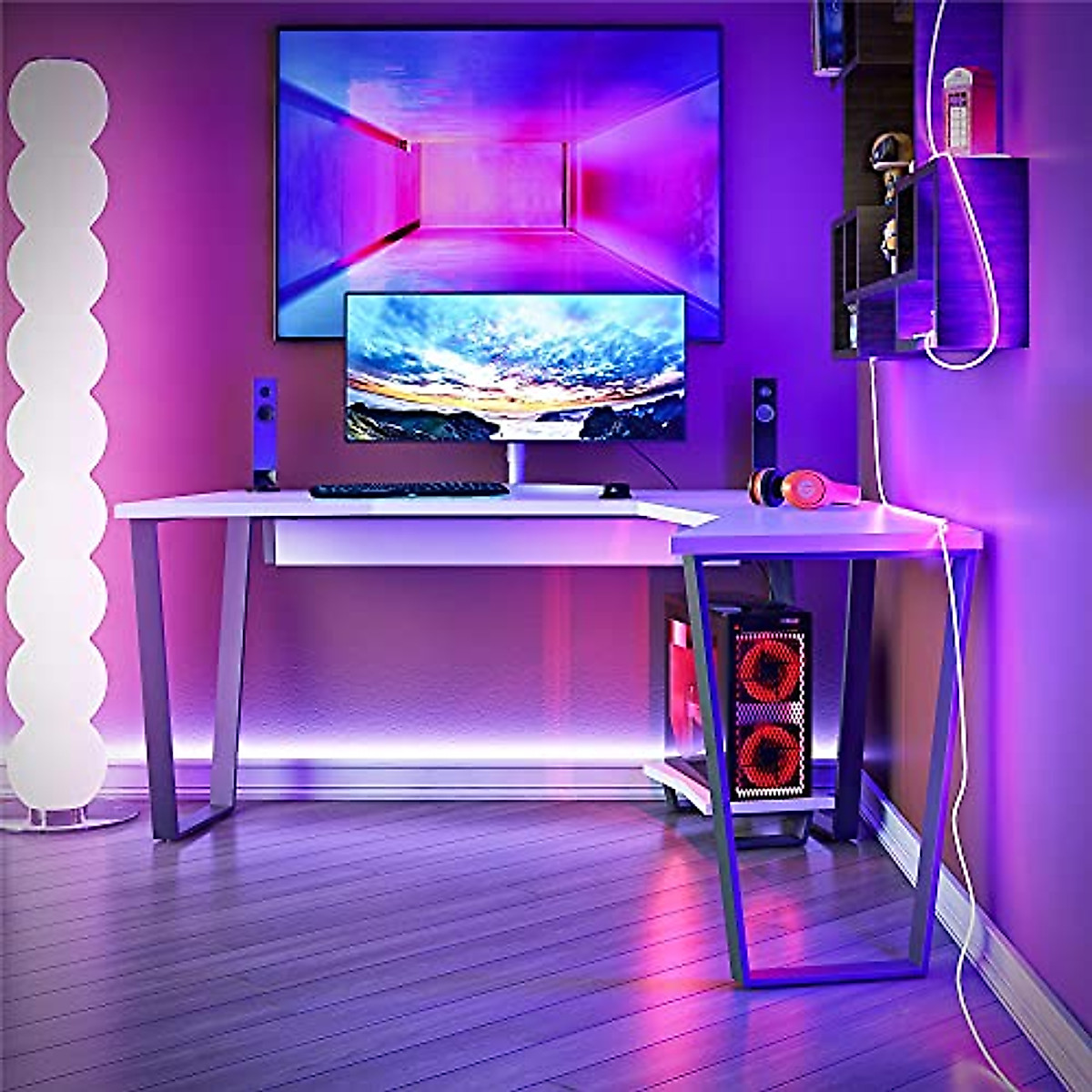 NTENSE Genesis Gaming L-Shaped Desk with CPU Stand, Corner Desk, Home Gaming Desk, Writing Workstation, Battle Station, Ergonomic Desk, Space Saving, White