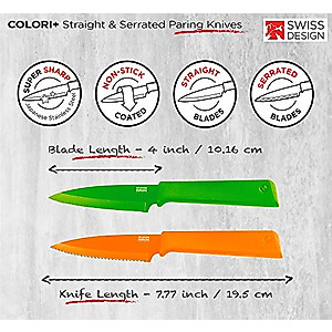 Kuhn Rikon COLORI+ Non-Stick Straight and Serrated Paring Knives with Safety Sheaths, Set of 2, Orange and Green