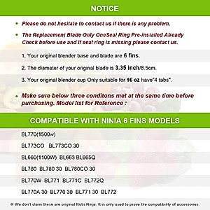 Blender Replacement 6 Fins for Ninja Blade 16 oz Cup Fit for Nutri Ninja BL660 1100w, Ninja BL771 30, Ninja BL770 1500w, BL780CO BL663 BL663CO BL665Q BL740 BL773 BL780