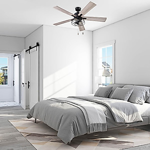 Prominence Home Marshall, 52 Inch Industrial Style LED Ceiling Fan with Light, Pull Chain, Three Mounting Options, Dual Finish Blades, Reversible Motor - Model 51457-01 (Matte Black)