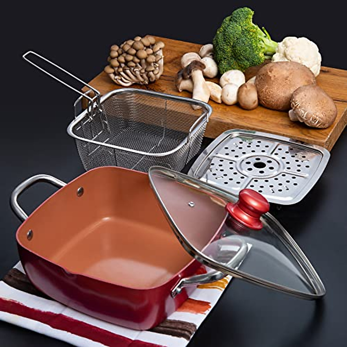 Moss & Stone Copper 5 Piece Set Chef Cookware, Non Stick Pan, Deep Square Pan, Fry Basket, Steamer Tray, Dishwasher & Oven Safe, 5 Quart Copper Pot Set, Red Induction Cookware Set